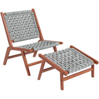 OUTSUNNY Fauteuil relax en bois dacacia et r&eacute;sine tress&eacute;e grise - Repose-pied inclus - Assise inclin&eacute;e 35cm - Charge max 160kg