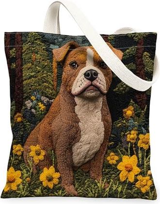Generic Sac fourre-tout en toile motif chien Pitbull de printemps pour faire du shopping, 33 x 38,1 cm, style tricot&eacute;, sac d&eacute;picerie r&eacute;utilisable pour femme, 
