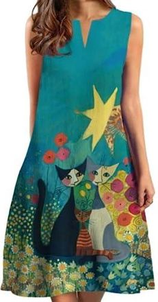 Ocean Plus Femme Robe dété Mi-Longue Décontractée Col en V sans Manches Grande Taille (XXL, Famille de Chats)