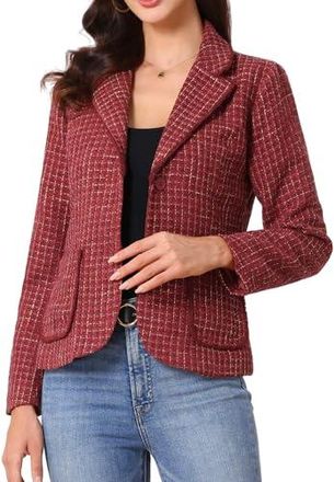 Allegra K Veste en Tweed à Carreaux Femme avec Bouton à Revers Cranté Blazer Élégant à Manches Longues Rouge foncé XL