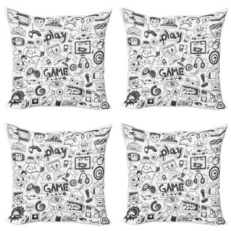 Abakuhaus Videospiele Dekokissen Kissenbezug 4er Pack, Sketch Stil Gaming, Modern Accent Doppelseitiger Digitaldruck, 50 x 50 cm, Wei&szlig; Grau