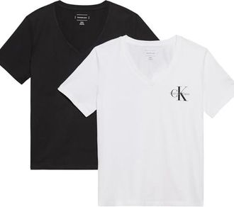 Calvin Klein T-Shirts Manches Courtes Lot de 2 Femme Logo Tee avec Col en V, Multicolore (Black / Brilliant White), XL