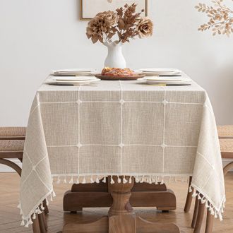 Miulee Tischdecke 140x240cm Beige kariert Leinenoptik Tischdecke Abwaschbar Table Cloth Boho Tischdecke Quadratisch für Küchentisch und Outdoor Tischtuch