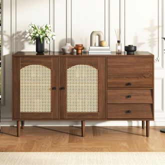 Merax Sideboard mit Rattan Einsatz, Modernen Kommode mit 3 Türen und 2 unregelmäßigen Schubladen, für Wohnzimmer, Esszimmer & Schlafzimmer, 130 x 40 x 75,5 