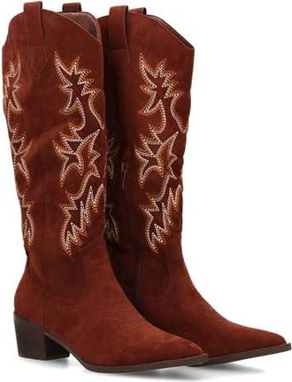 Shoes & Blues Bottines pour femme avec dentelle haute et broderies style cowboy, fermeture à glissière, talon cubain confortable, pointe fine, imprimé uni, idéal po