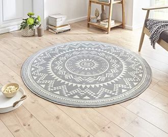 Hanse Home Teppich Valencia Rund - Mandala Teppich Kurzflor Modern Vintage Teppiche für Esszimmer, Wohnzimmer, Kinderzimmer, Flur, Schlafzimmer, Küche - Grau Cre