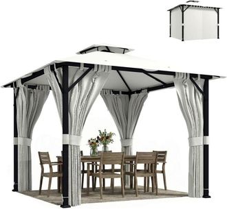 OUTSUNNY Tonnelle de jardin - Outsunny - toit double, rideaux, crochets de plafond - anti-UV UPF50+ - cadre en m&eacute;tal - 3x3m - cr&egrave;me