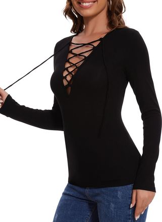 Joyshaper Damen Lang&auml;rmeliges T-Shirt Tiefer V-Ausschnitt Lang&auml;rme Unterhemd Sexy Kreuzschn&uuml;rung Cutout Teeshirt Bequeme Oberteil Schwarz L