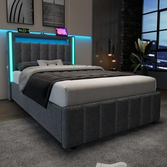 Myboo Polsterbett 90x200, LED Einzelbett Jugendbett mit USB Typ C Ladefunktion und 2 Schubladen, Bett Stauraumbett Funktionsbett Rückenlehne Bettgestell mit