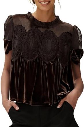Generic Chemisier d&eacute;contract&eacute; en velours et dentelle pour femme, col rond, manches courtes, haut &eacute;vas&eacute;, ourlet &agrave; volants, chemisier swing swing f&ecirc;te t-shirt, 