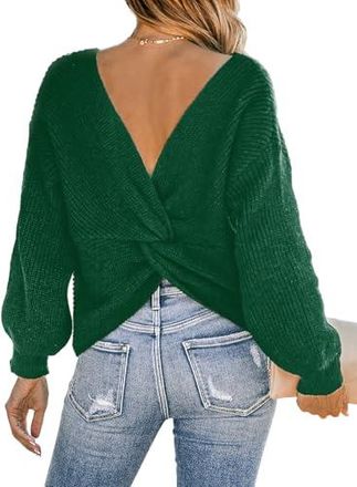 Cupshe Pull en tricot côtelé à manches longues et dos nu pour femme, vert, Taille M