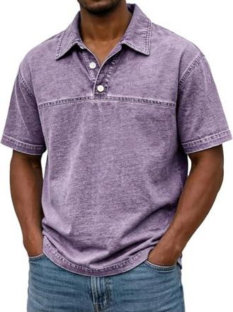 Generic DENGJIAMY Polo vintage pour homme d&eacute;contract&eacute; uni lavage &agrave; lacide T-shirt &agrave; manches courtes r&eacute;tro chemise de golf pour homme T-shirt &agrave; col Fshion Gran