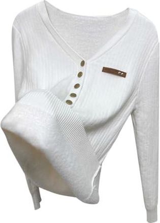 Minetom Pull Femme Col V Pullover Manches Longues Doublé Polaire Chandail Casual Automne Hiver Chaud sous-vêtement Thermique Hauts Tops A Blanc M
