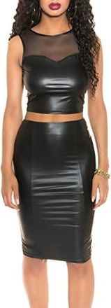 Koucla Party Wet Look Crop Top avec empiècement en maille, Noir, S