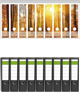 Wallario 9 St&uuml;ck breite Ordner inkl. Klebeetiketten mit Motiv Sonnenuntergang im herbstlichen Wald - Set mit R&uuml;ckenschildern/Ordnerr&uuml;cken Stickern