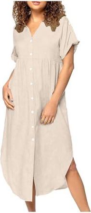Generic Robe dété mi-longue à manches courtes en coton et lin avec col en V et manches retroussables, coupe ample, boutonnée, plissée sur le devant, pour femm