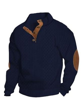 Generic Pull d&eacute;contract&eacute; &agrave; manches longues en cachemire pour homme, col montant 1/4 boutonn&eacute;, bleu marine, XXL