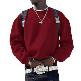 ORANDESIGNE Sweatshirts Homme Pull &agrave; Manches Longues Automne Oversize Crewneck Hoodie sans Capuche Sweat-Pullover Y2K Streetwear A Vin Rouge L