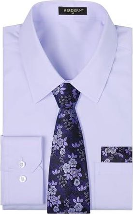 Hisdern Chemise Lilas Homme Manches Longues Formelle Chemises Business avec Cravate Habillée Chemise Mariage Casual avec Poche Regular 3XL