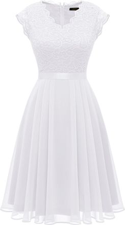 Dressystar Damen Elegant A Linie Cocktailkleid Knielang Abendkleider Spitzen Chiffon Kleid Kurz &Auml;rmel White XS