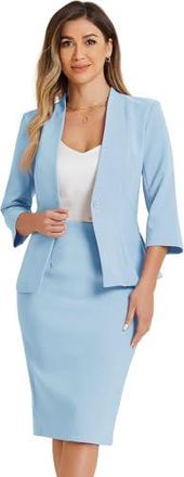Allegra K Ensemble de Costume pour Femmes Jupe daffaires Tenue de Travail 2 Pi&egrave;ces Blazer Col en V de Bureau Jupe Crayon Bleu Clair XL