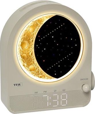 TFA Dostmann Lichtwecker Digital mit Mondlampe, Nachtlicht, Nachttischlampe, White-Noise, Naturger&auml;usche, Einschlafhilfe, 2 Alarme, 60.2053, Hellgrau, Beige