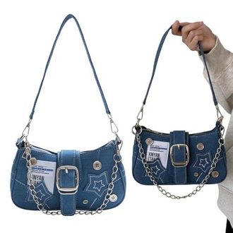 Generic Sac &agrave; main brod&eacute; en forme d&eacute;toile, sac &agrave; bandouli&egrave;re en jean avec cha&icirc;ne, sac sous les bras Y2K (bleu)