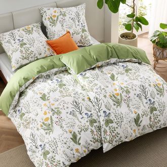 Bedsure Bettwäsche 135x200 4teilig Baumwolle - Bettwäsche-Sets Grün Bettbezug 2er Set mit 2 Kissenbezüge 80x80 cm, Wendebettwäsche Bedding Salbeigrün Blumen M