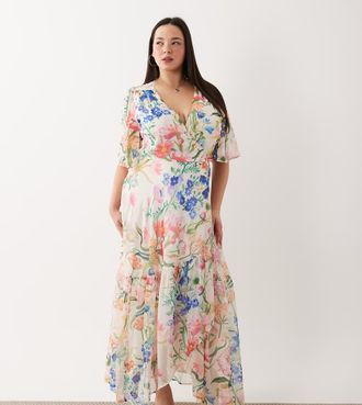 Hope & Ivy Robe portefeuille longue nou&eacute;e &agrave; la taille &agrave; imprim&eacute; fleurs - Blanc-multicolore