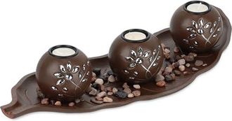 Relaxdays Teelichthalter Set mit Tablett & Steinen, 50,5 cm lang, Tischdeko Wohnzimmer, Esszimmer, Kerzenhalter, braun