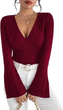 Generic Haut &agrave; manches longues et col en V pour femme, pull c&ocirc;tel&eacute; coupe ajust&eacute;e, noir, bordeaux, vert olive, m&eacute;lange de polyester, manches trompettes &eacute;vas&eacute;es