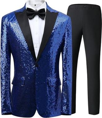 Generic Smoking &agrave; paillettes pour homme 3 pi&egrave;ces Coupe ajust&eacute;e Un bouton Robe Costume Veste Blazer Brillant Ensemble avec noeud papillon, Bleu 1, 4XL