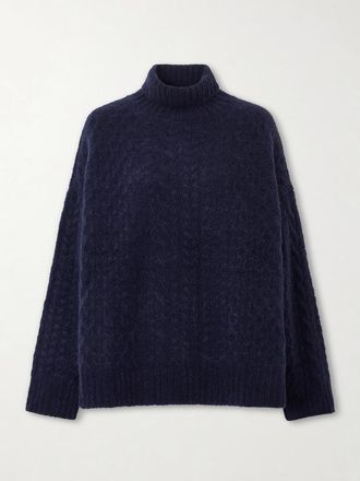 The Elder Statesman Rollkragenpullover Aus Einer Kaschmir-seidenmischung In Zopfstrick - Blau