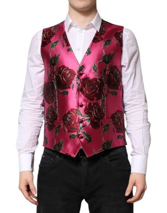 Dolce & Gabbana Pink Floral Satin Formal Men Waistcoat Vest Clothing