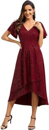 Ever-pretty Robe Mariage Invitée Femme Manches Volantées High Low Col V Ourlet Irrégulier Chic Bordeaux 46