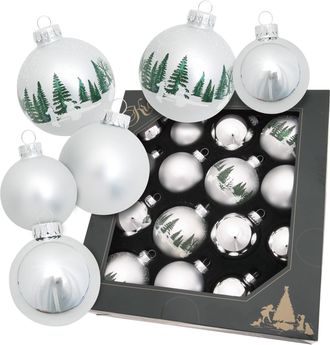 Krebs Glas Lauscha Weihnachtsdekoration/Christbaumschmuck aus Glas - Glaskugelsortiment Uni & dekoriert Verschneites Dorf - Menge: 16 St&uuml;ck - Farbe: Silber - Gr&ouml;&szlig;e: ca. 