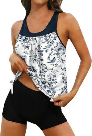 Generic Maillot de bain tankini deux pi&egrave;ces pour femme avec short boyleg - Contr&ocirc;le du ventre - Taille haute - D&eacute;bardeur de bain vintage &agrave; imprim&eacute; floral - Po