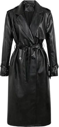 Generic Trench-coat long ample en cuir PU noir pour femme - Veste classique &agrave; double boutonnage pleine longueur, Noir, S