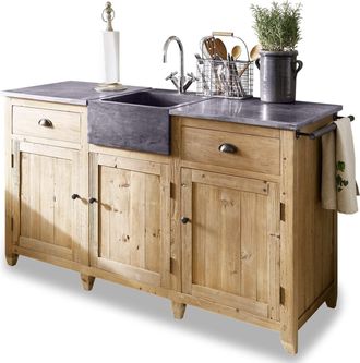 Loberon Spülenschrank Deaton, bietet viel Stauraum, stilvoller Materialmix, rustikaler Landhaus-Stil, Küchenmöbel, Tannenholz, Stein, Zink, braun