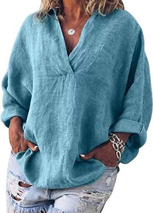TOMWELL Chemisier Femme Manches Longues Coton Lin Blouse Tunique Casual Col en V en Couleur Unie Grande Taille Ample en Hauts Chemise Tops B Bleu 3XL