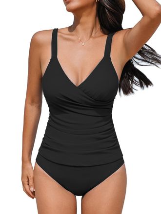 Cupshe Damen Tankini-Sets Wickel-V-Ausschnitt Verstellbare Tr&auml;ger Gerafft Mittlere Bundh&ouml;he Zweiteiliger Badeanzug, Schwarz, S