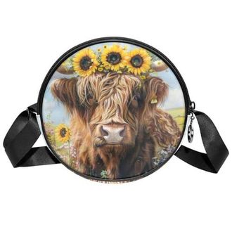 Generic Sac &agrave; bandouli&egrave;re rond pour femme, motif vache et tournesol avec fermeture &eacute;clair et bretelles r&eacute;glables