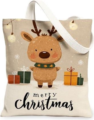 Generic Sacs fourre-tout en toile avec motif de renne de No&euml;l, sacs d&eacute;picerie r&eacute;utilisables, l&eacute;gers et lavables, beige, 13x15 Inch