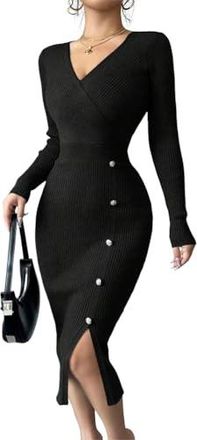 Onsoyours Robe Pull Femmes Automne Hiver &Eacute;l&eacute;gantes D&eacute;contract&eacute;es Robe Moulante El&aacute;stique Manches Longues Bouton Chaud Envelopp&eacute; Soir&eacute;e Robe avec Fente C Noir S