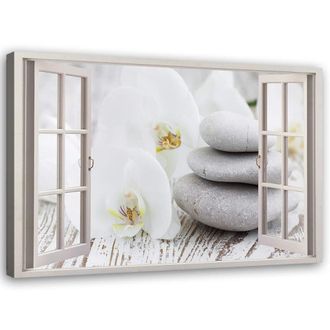 Feeby Leinwandbild - Bilder Wohnzimmer - Fensterblick Orchidee Weiß Zen Grau - 60x40 cm 1tlg - Deko Schlafzimmer - Wanddekoration - Aesthetic - Groß Moderne