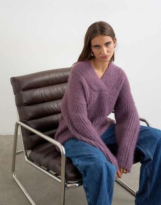 Topshop grob gestrickter Pullover mit Schalkragen in verwaschenem Lila