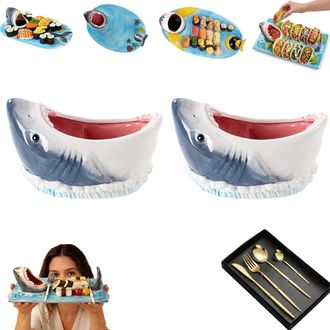 Generic Hai-Charcuterie-Brett, 3-in-1-Hai-Sushi-Teller Mit Dip-Sauce-Schale, Lustiger Handgefertigter Keramik-Hai-Taco-Halter, Hitzebest&auml;ndig Bis 1300 &deg;C, Mik