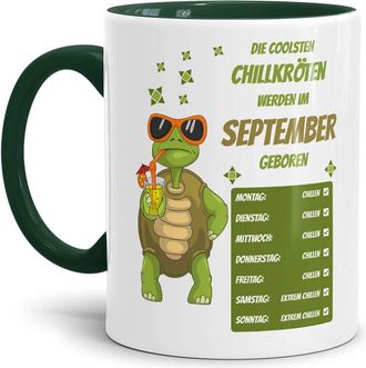 Tassendruck Geburtstags-Tasse Die Coolsten Chillkröten Werden im September Geboren Innen & Henkel Dunkelgrün - Mug/Cup/Becher/Lustig/Witzig/Geschenk-Idee
