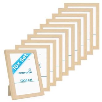 Photolini Cadre 13 x 18 bois MDF naturel, lot de 10 cadres photo pour posters et affiches, verre acrylique incassable, décoration murale à suspendre & à poser, 