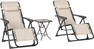 OUTSUNNY Lot de 2 chaise longue pliable et inclinable avec table dappoint - Outsunny - porte-gobelets et appuie-t&ecirc;tes - charge 120kg - beige